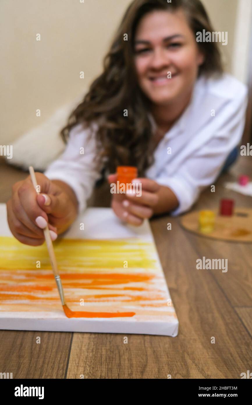 Creative painter in working process. Artist workplace, hobby, craft ...