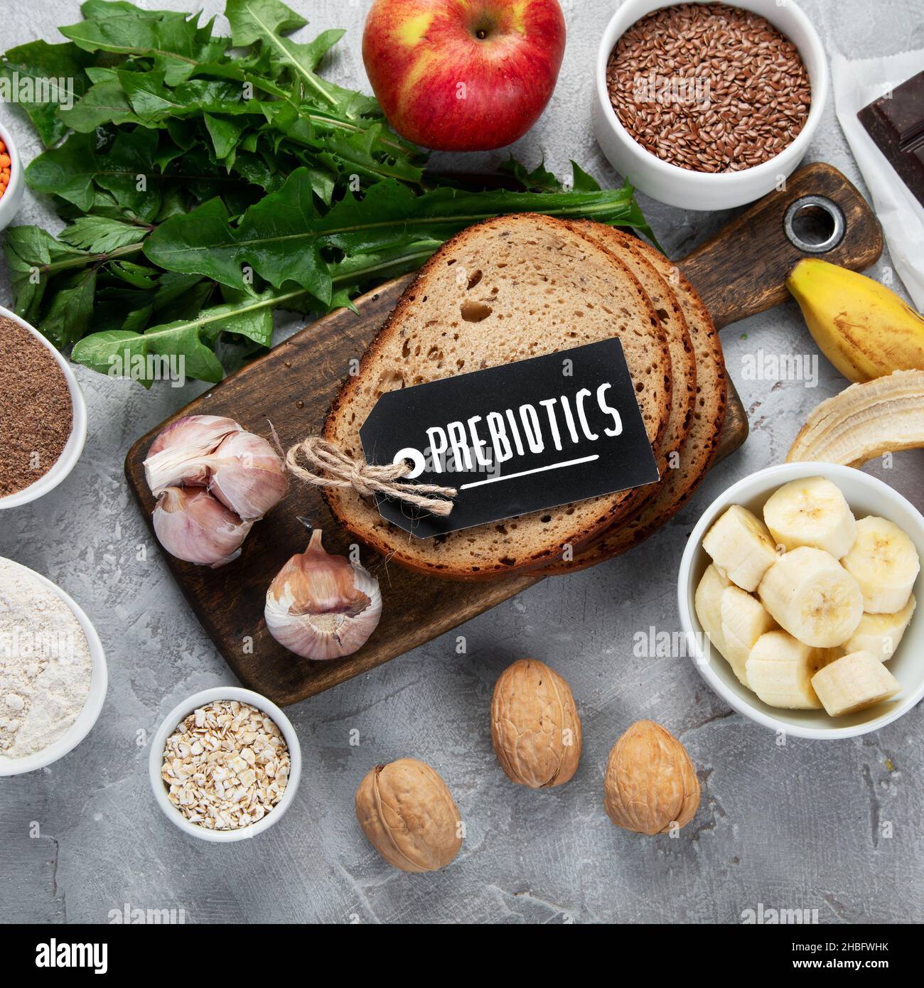 Best sources of prebiotic on light background. Healthy gud. Top view ...