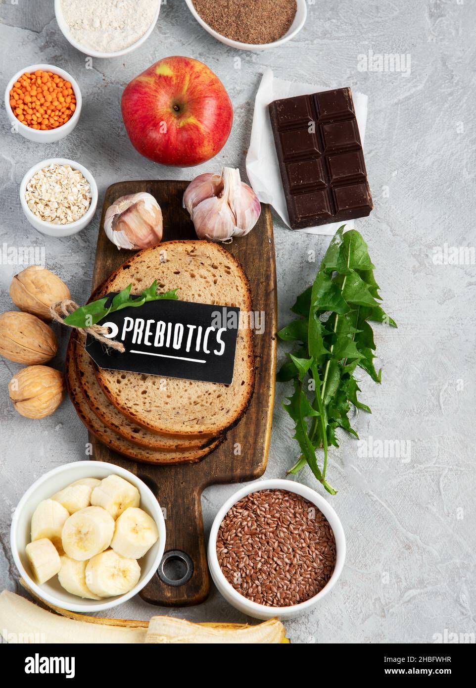 Best sources of prebiotic on light background. Healthy gud. Top view ...