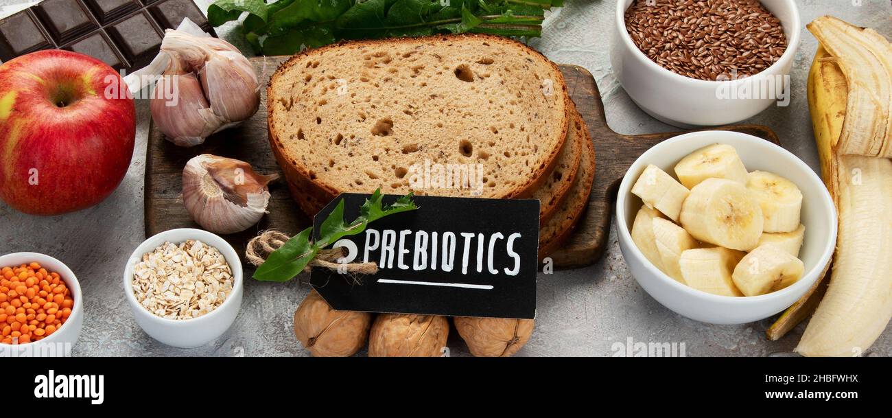 Best sources of prebiotic on light background. Healthy gud. panorama ...