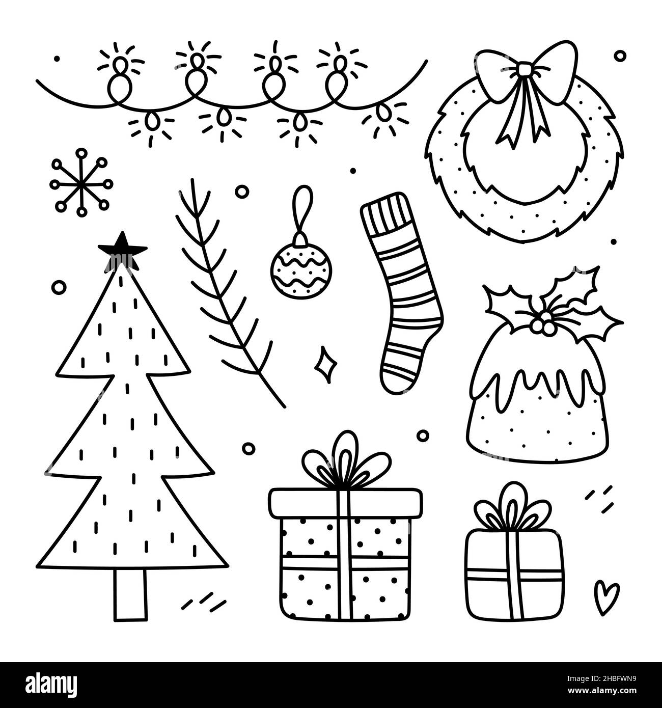 Cute set of winter doodles - Christmas tree, wreath, garland and ...