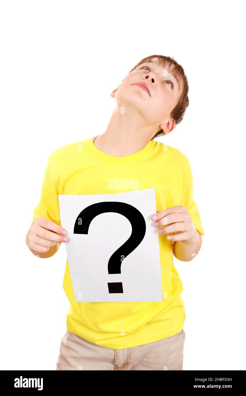 Kid holding a Paper with Question Mark on the White Background Stock ...