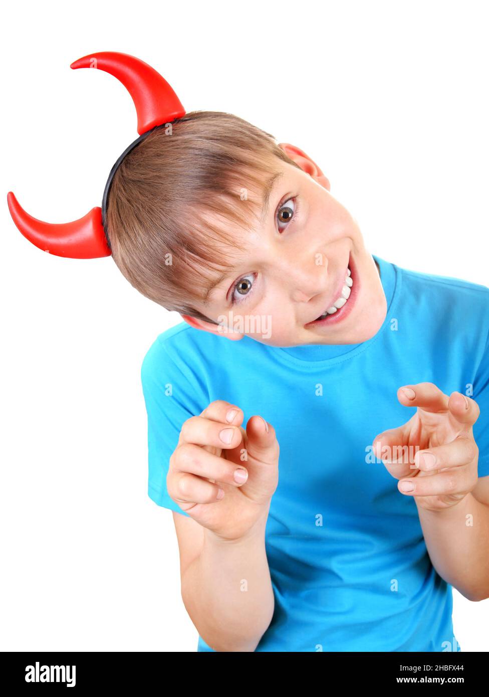Sly Kid with Devil Horns on the Head Isolated on the White Background ...