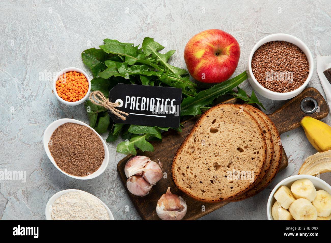 Best sources of prebiotic on light background. Healthy gud. Top view ...