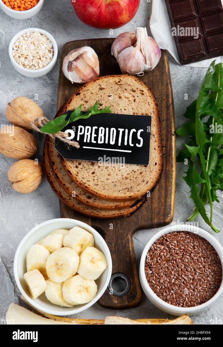 Best sources of prebiotic on light background. Healthy gud. Top view ...