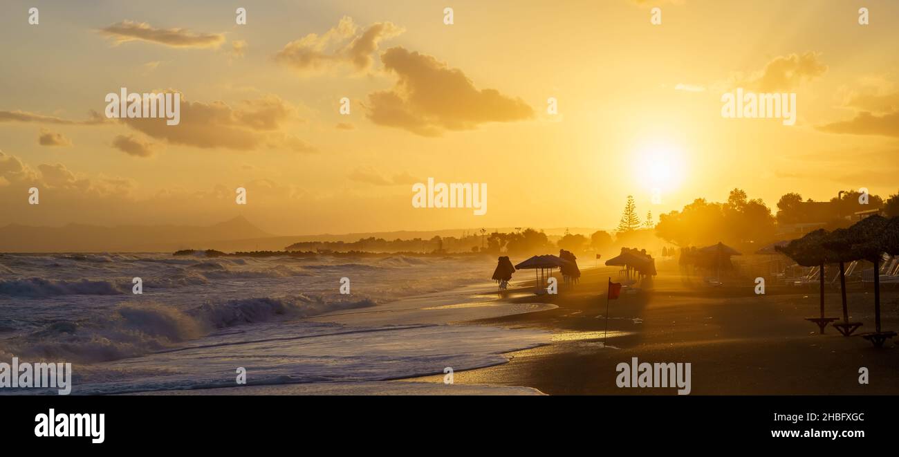 Landscape with Platanias beach at sunrise, Crete island, Greece Stock ...