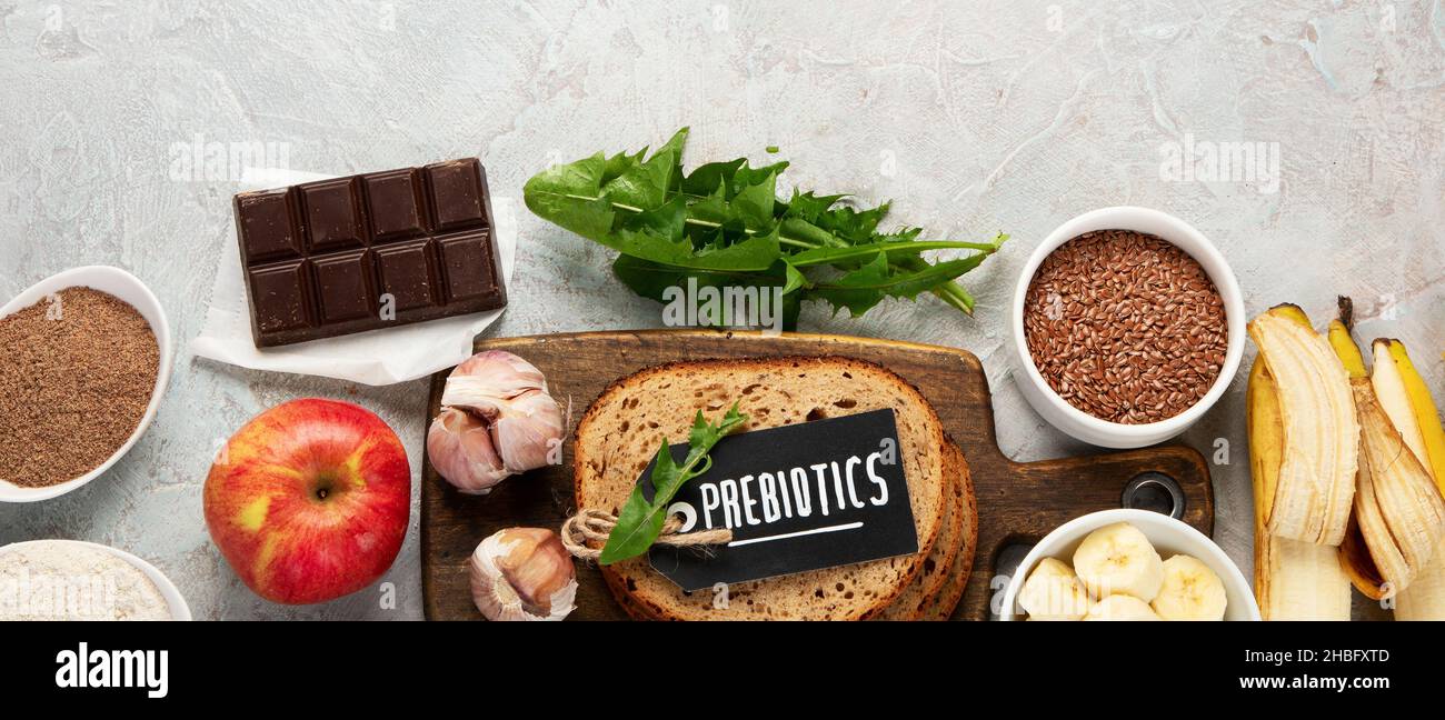 Best sources of prebiotic on light background. Healthy gud. Top view ...