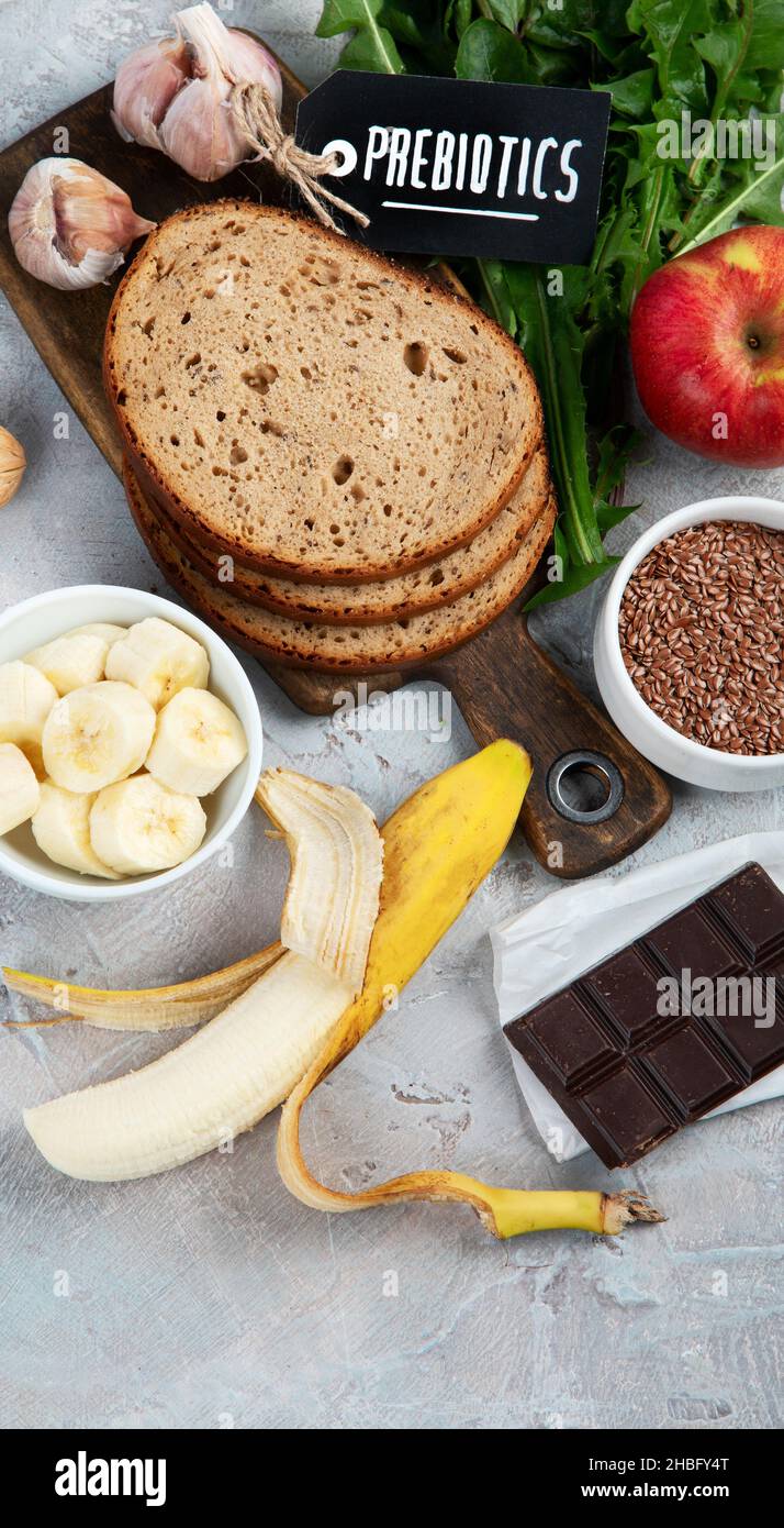 Best sources of prebiotic on light background. Healthy gud. Top view ...