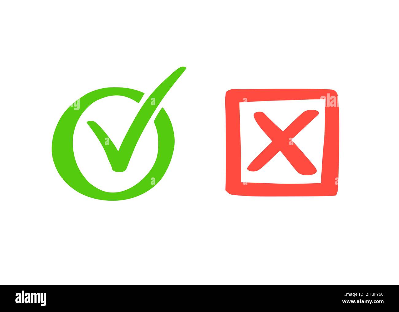 Green check and red cross mark. Hand drawn doodle sketch style. Vote ...