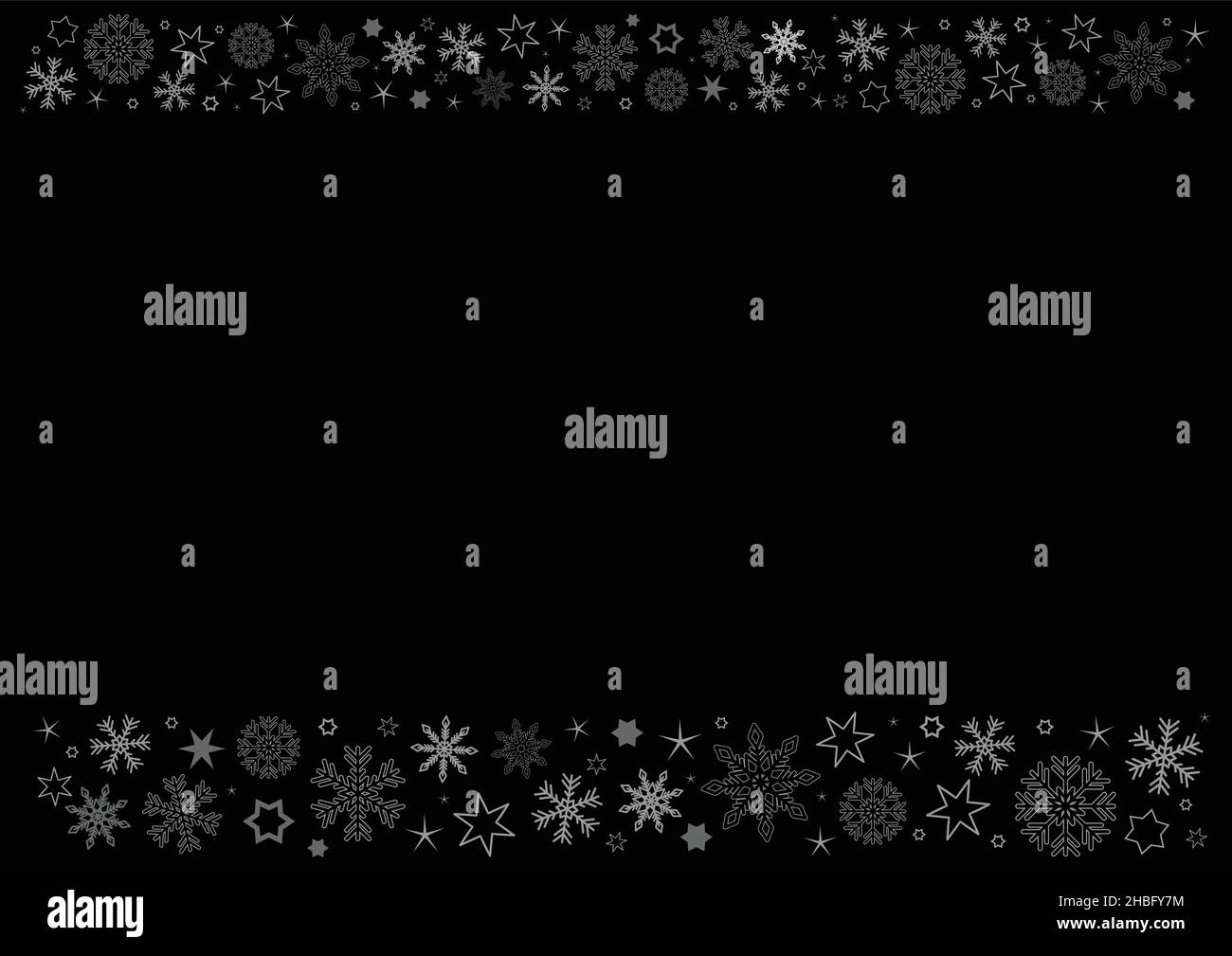 The blank horizontal black paper background with gray winter snowflakes ...