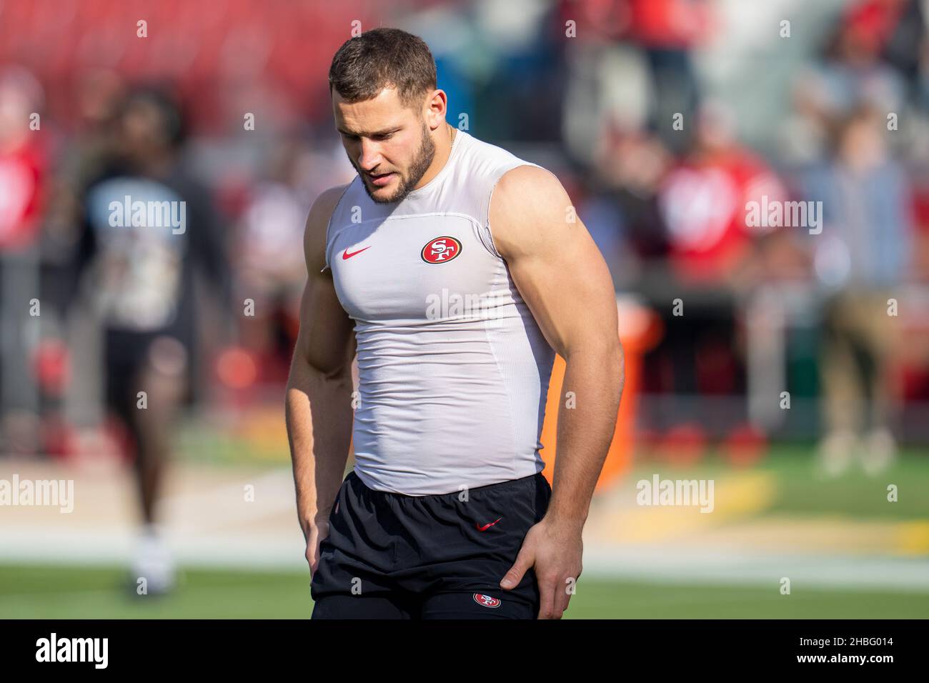 San Francisco 49ers defensive end Nick Bosa (97) during warmups before ...