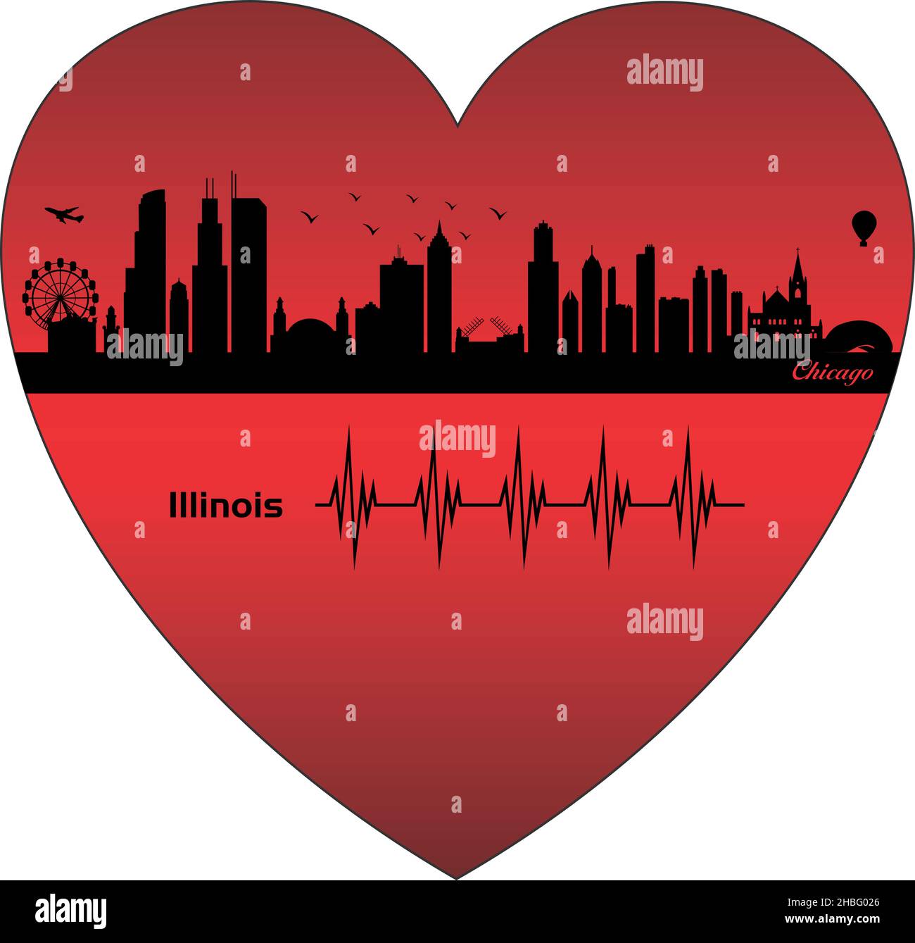 Chicago in the heart - illustration, Vector city skyline silhouette ...
