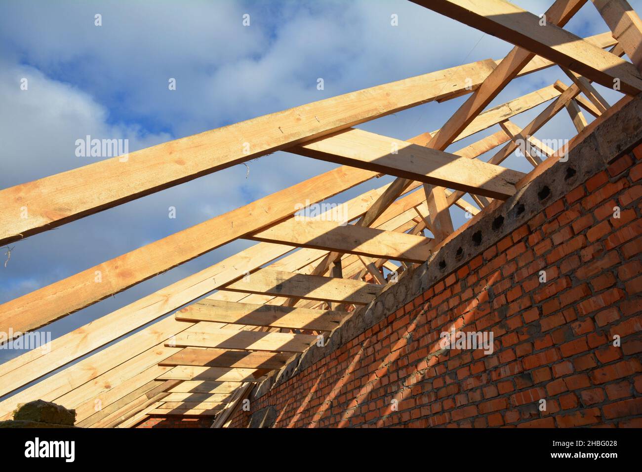 Roofing construction. A close-up of the house construction with ...