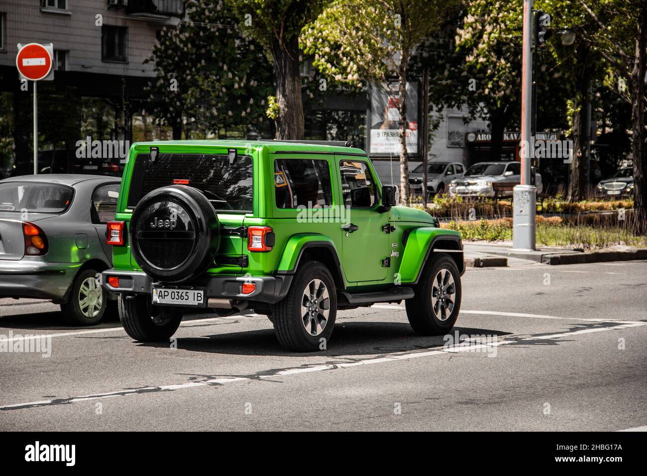 Kiev, Ukraine - May 22, 2021: Green Jeep Wrangler SUV in the city Stock ...