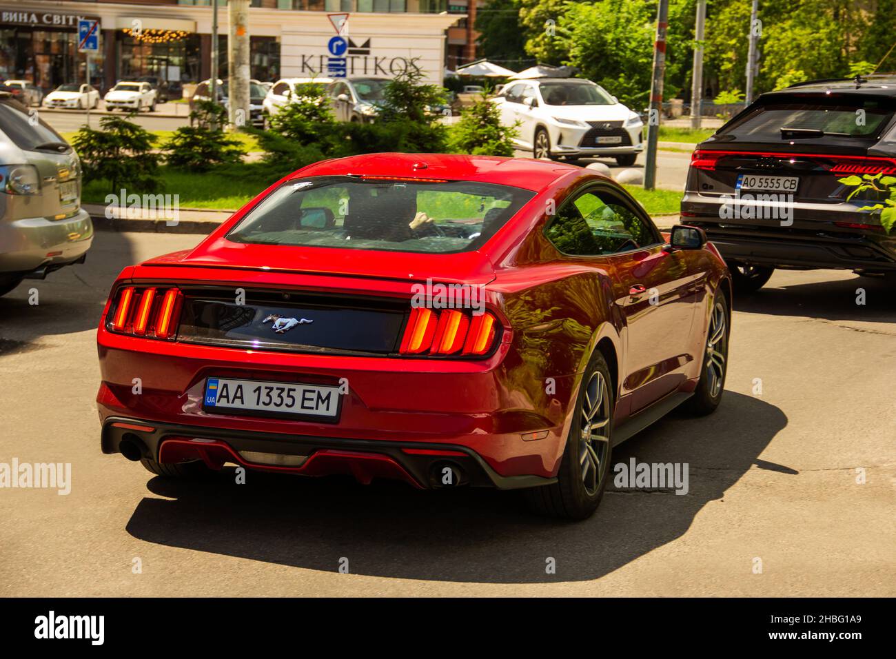 Kiev, Ukraine - June 12, 2021: Red muscle car Ford Mustang in the city ...