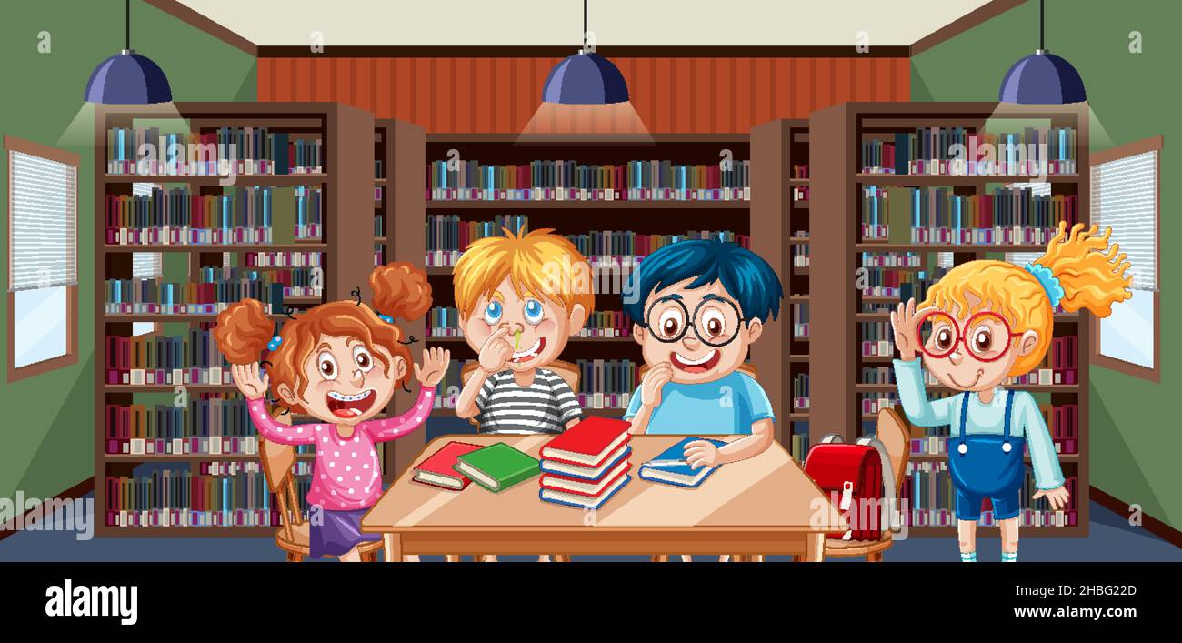 School library scene with happy children illustration Stock Vector ...