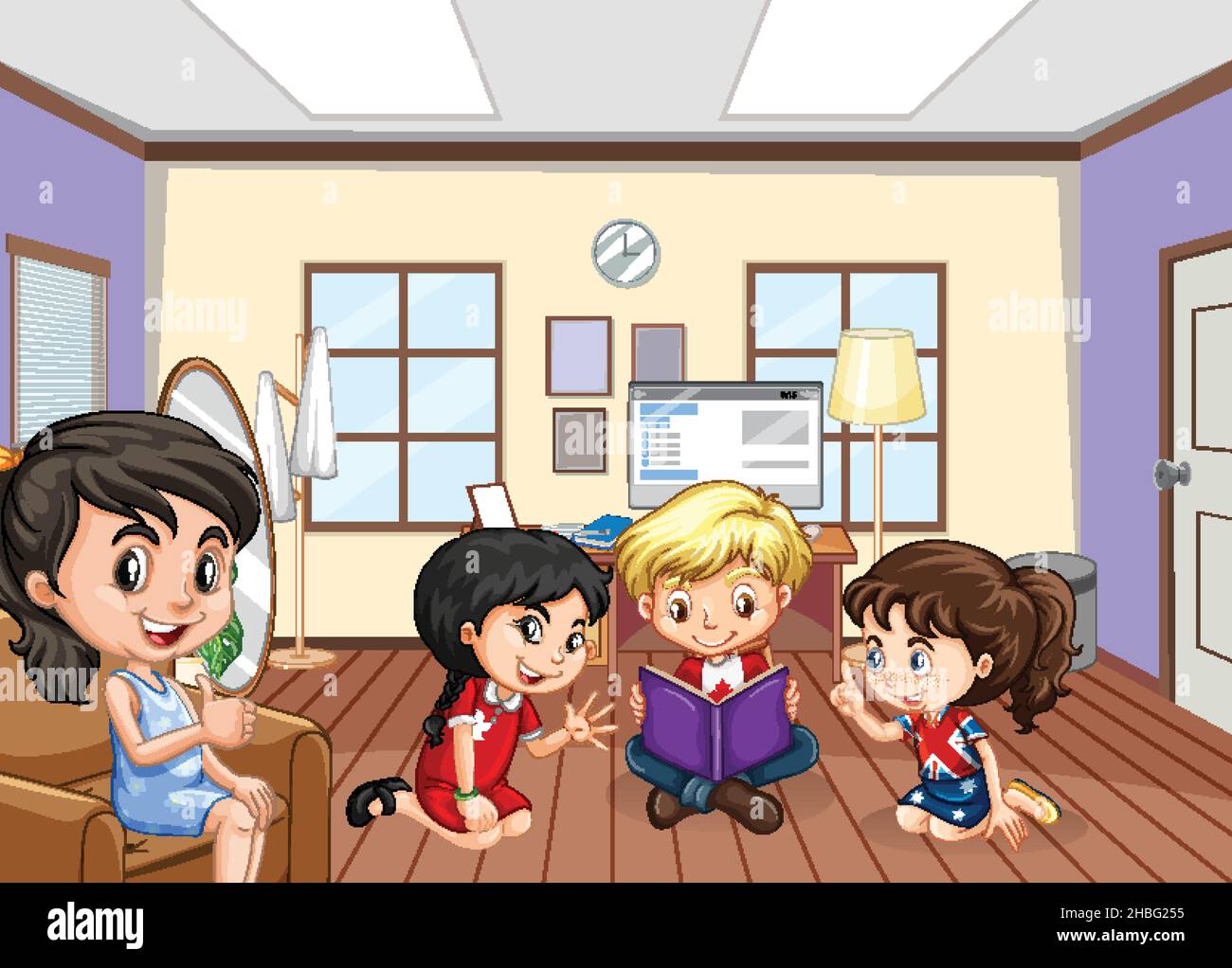 Happy children in the living room scene illustration Stock Vector Image ...