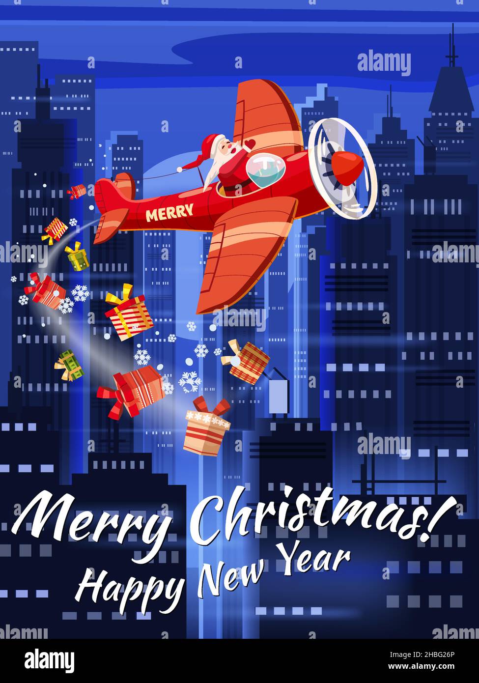 Santa Claus flying on vintage plane, delivering gift boxes, night city background. Christmas ...