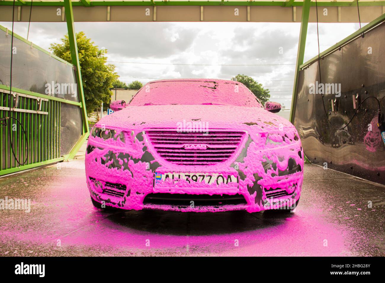 Chernigov, Ukraine - July 24, 2021: Saab car at a car wash. Gray Saab 9 ...