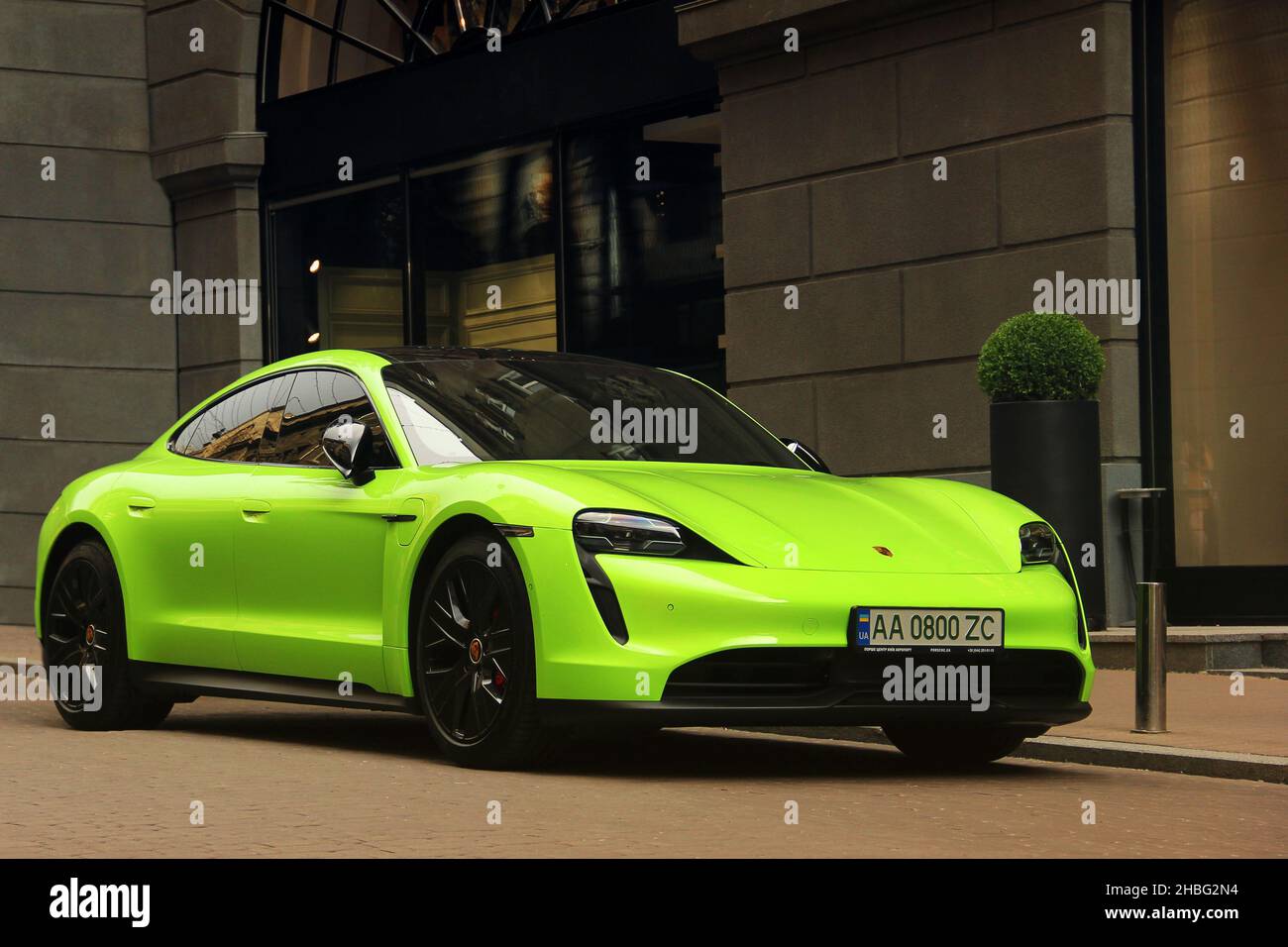 Kiev, Ukraine - June 19, 2021: Matte Porsche Taycan Turbo S lime color ...