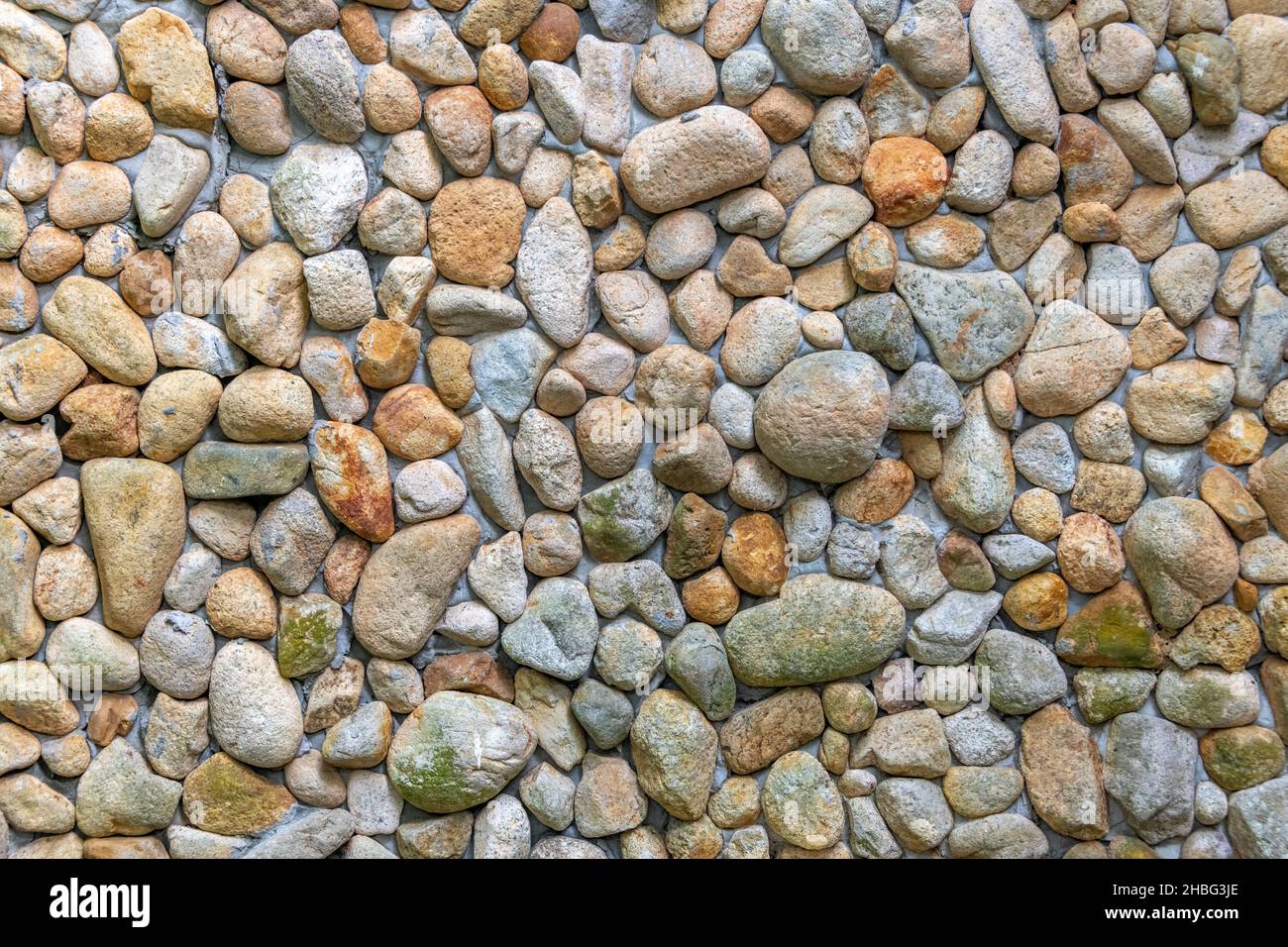 Rounded pebbles held with concrete in a wall for use as a background ...