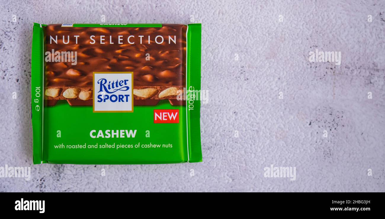 Kiev Ukraine - October 2021 CASHEW taste. Nut selection Chocolate ...