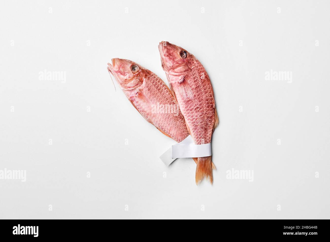 Two salted sun-dried surmullets with labels on tails on white surface ...