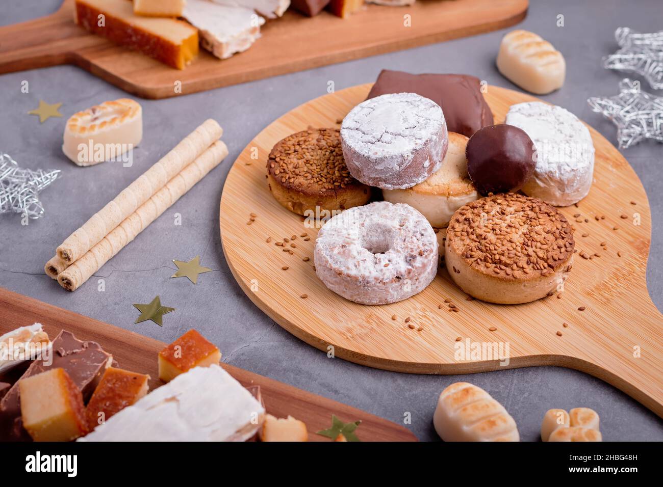 Traditional Spanish Christmas sweets turron, polvorones, mantecados on ...