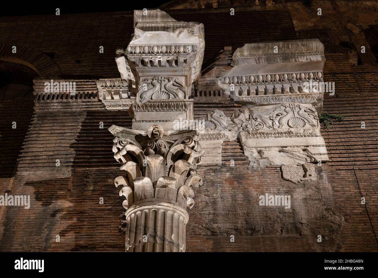 The Pantheon architectural details at night in Rome, Italy. Corinthian ...