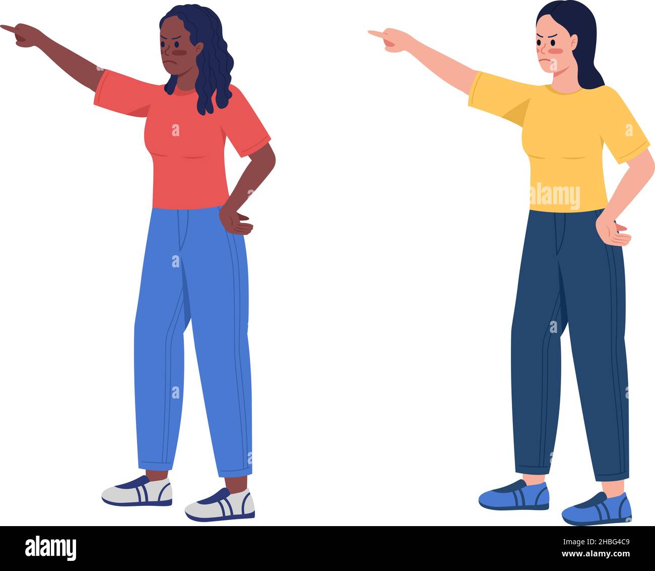 Angry women pointing with fingers semi flat color vector characters set ...