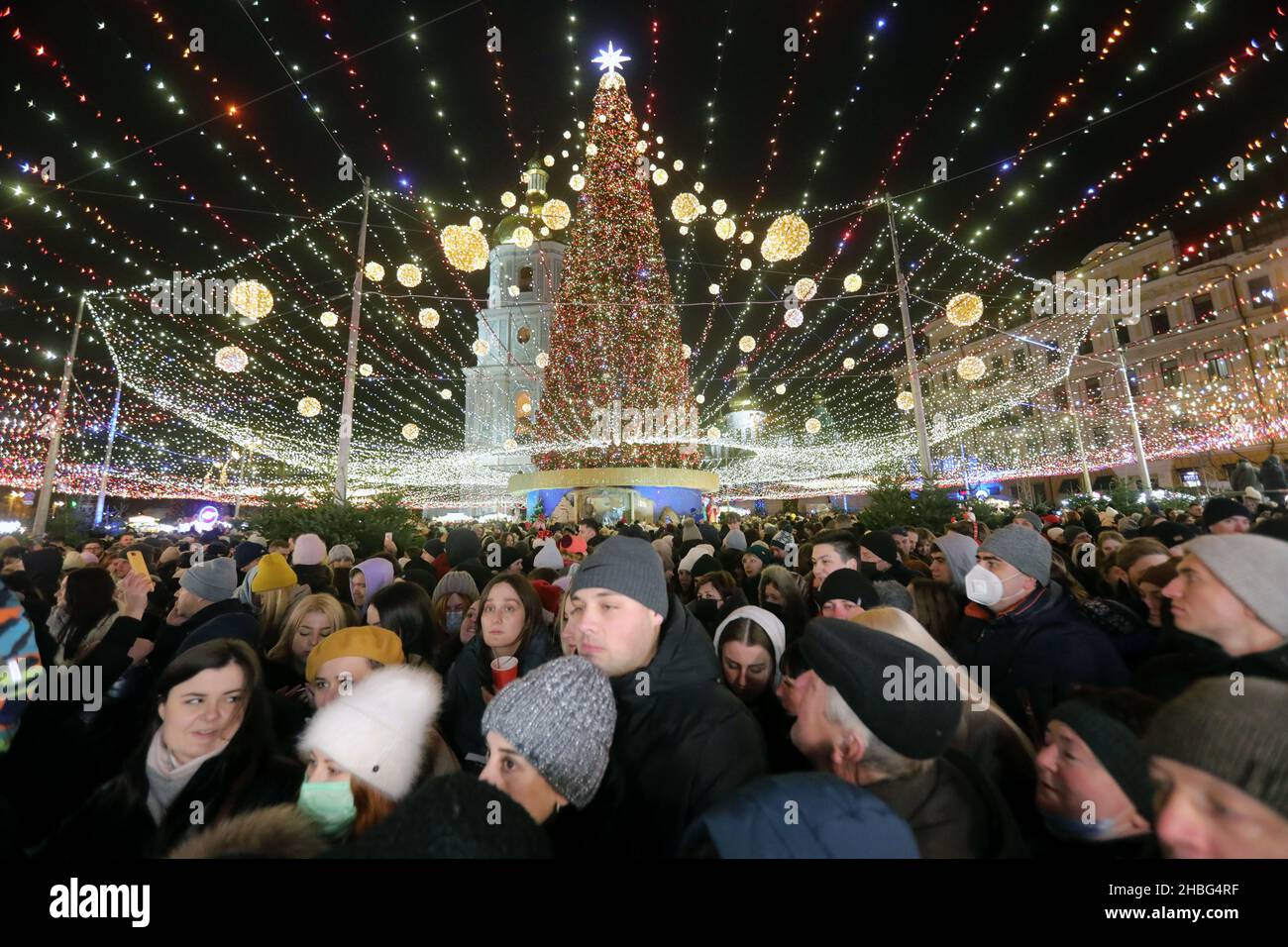 KYIV, UKRAINE - DECEMBER 18, 2021 - String lights radiate from Ukraine ...
