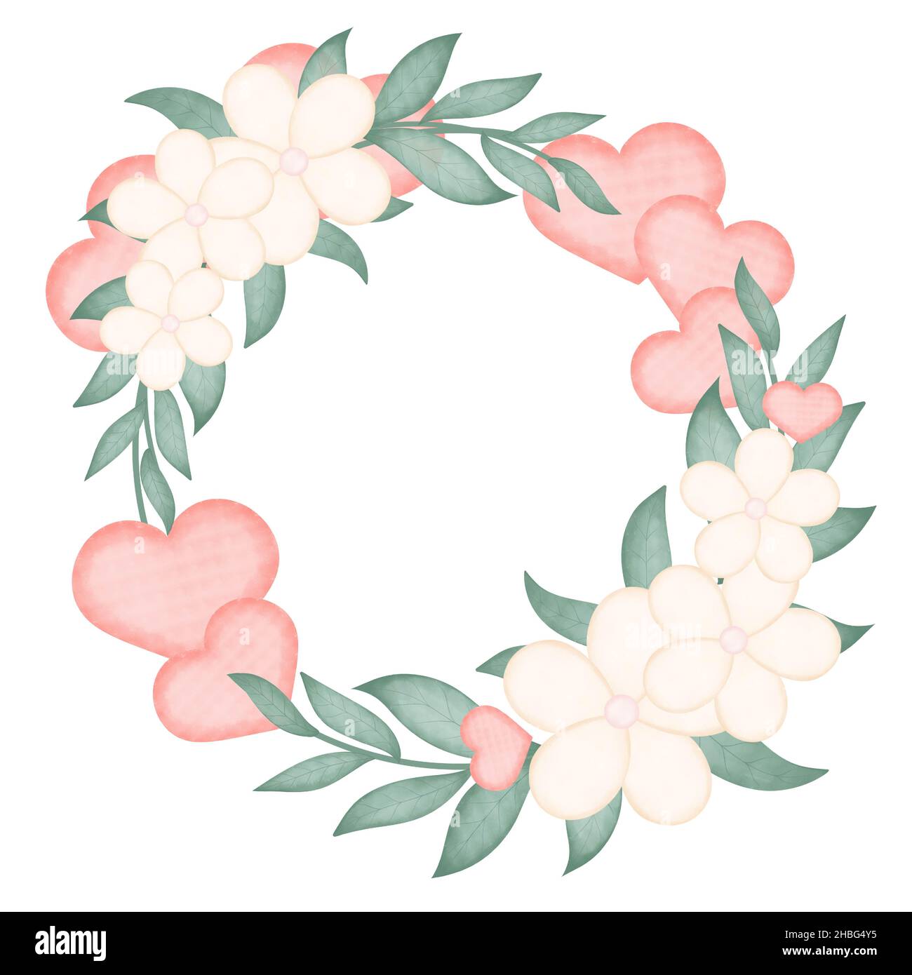 Round floral frame with pink hearts Stock Photo - Alamy