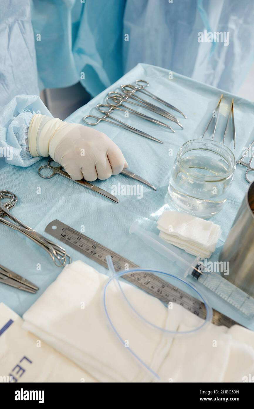 Surgical instruments in operating room on table Stock Photo - Alamy