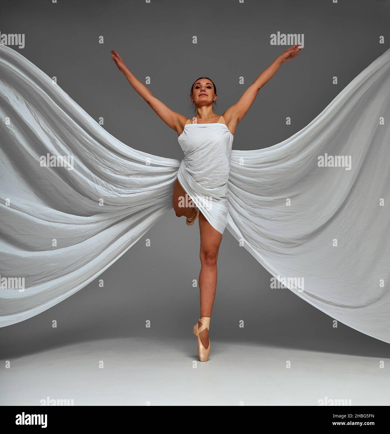 Ballerina Dancing with Silk Fabric, Modern Ballet Dancer in Fluttering ...