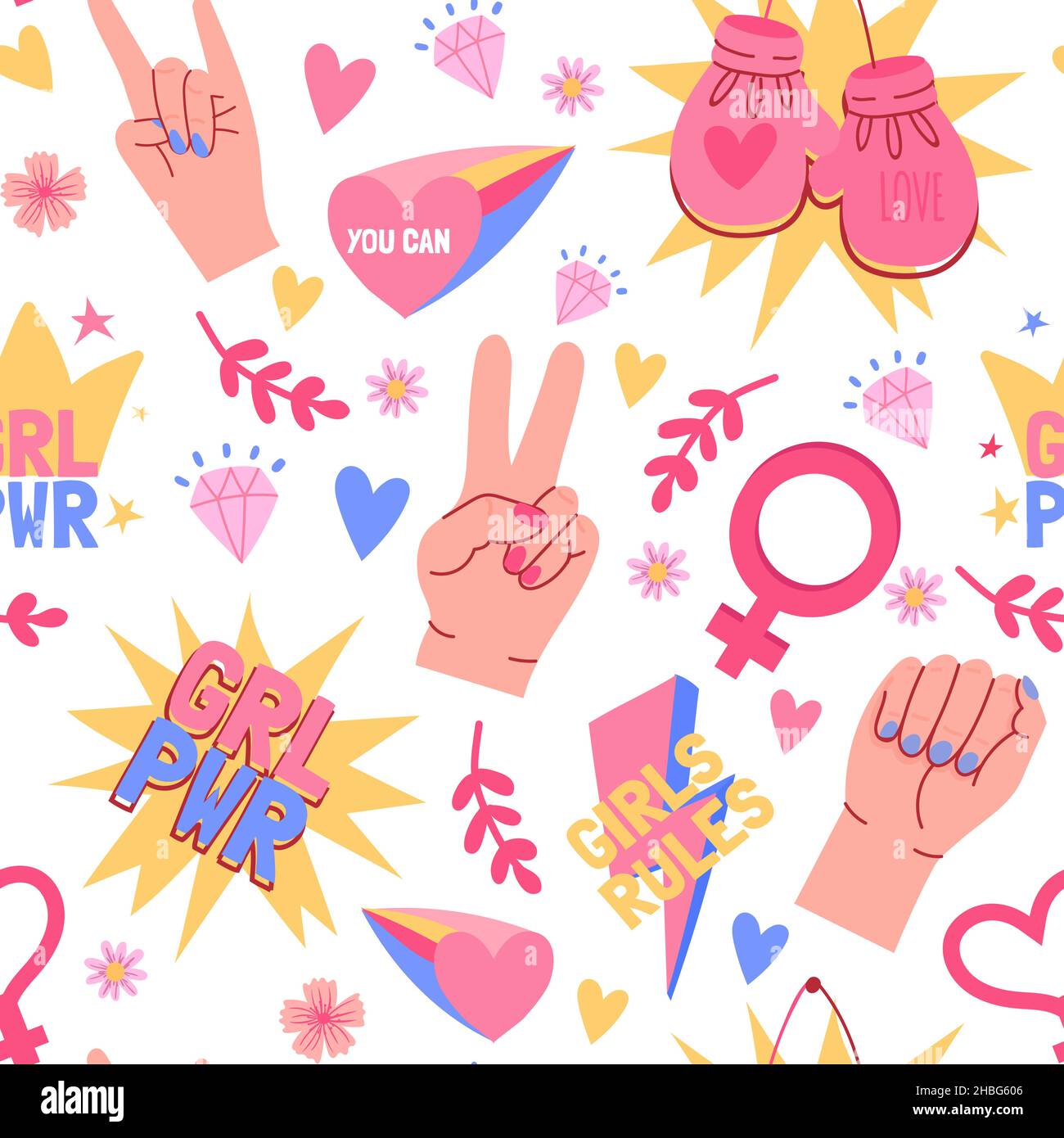 Feminist Seamless Pattern With Female Hands Fists And Grl Pwr Slogans 2187