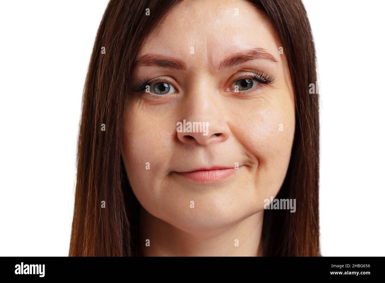 Close-up portrait of woman. Female face without makeup. Anti-aged ...