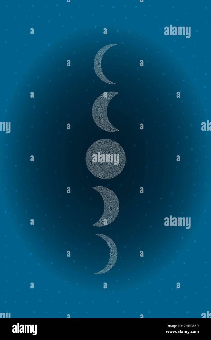 Illustration of phases of the moon made by ink points on dark-blue ...