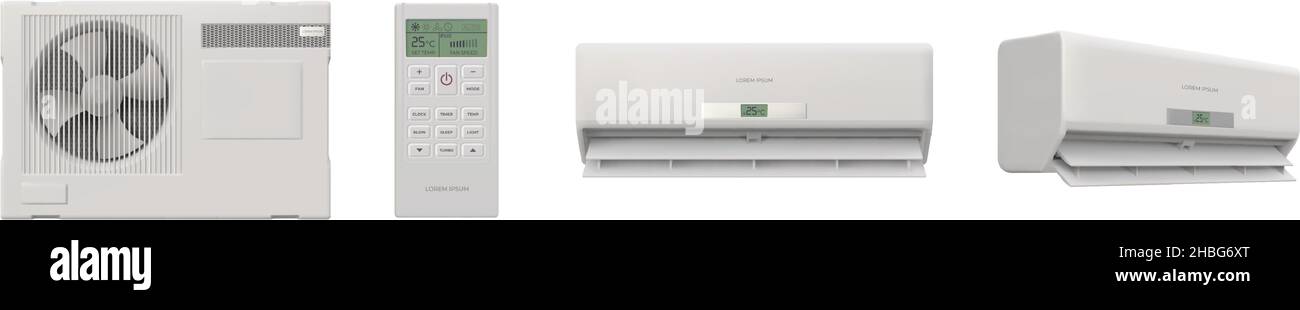 Realistic air conditioner, remote, indoor and outdoor ventilator. Split ...