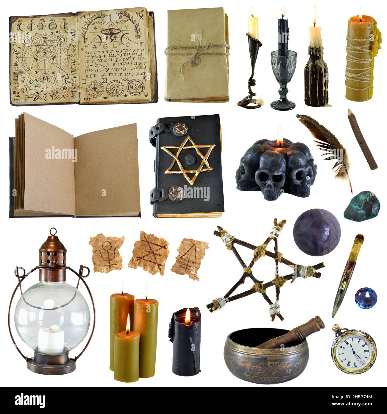 Design clip art set with magic book of spells, candles, pentagram and ...