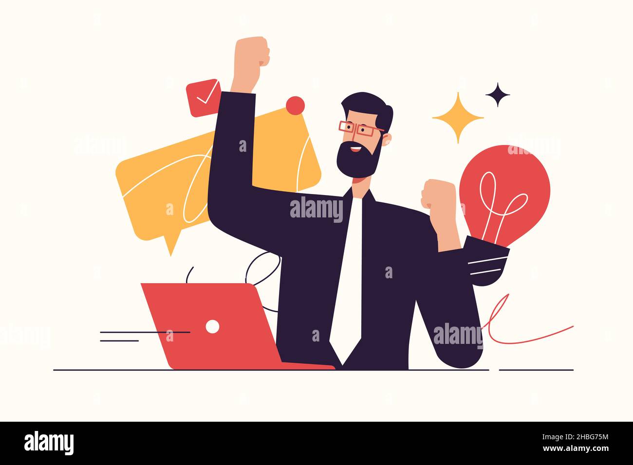 Vector illustration depicting a happy businessman finding an effective ...