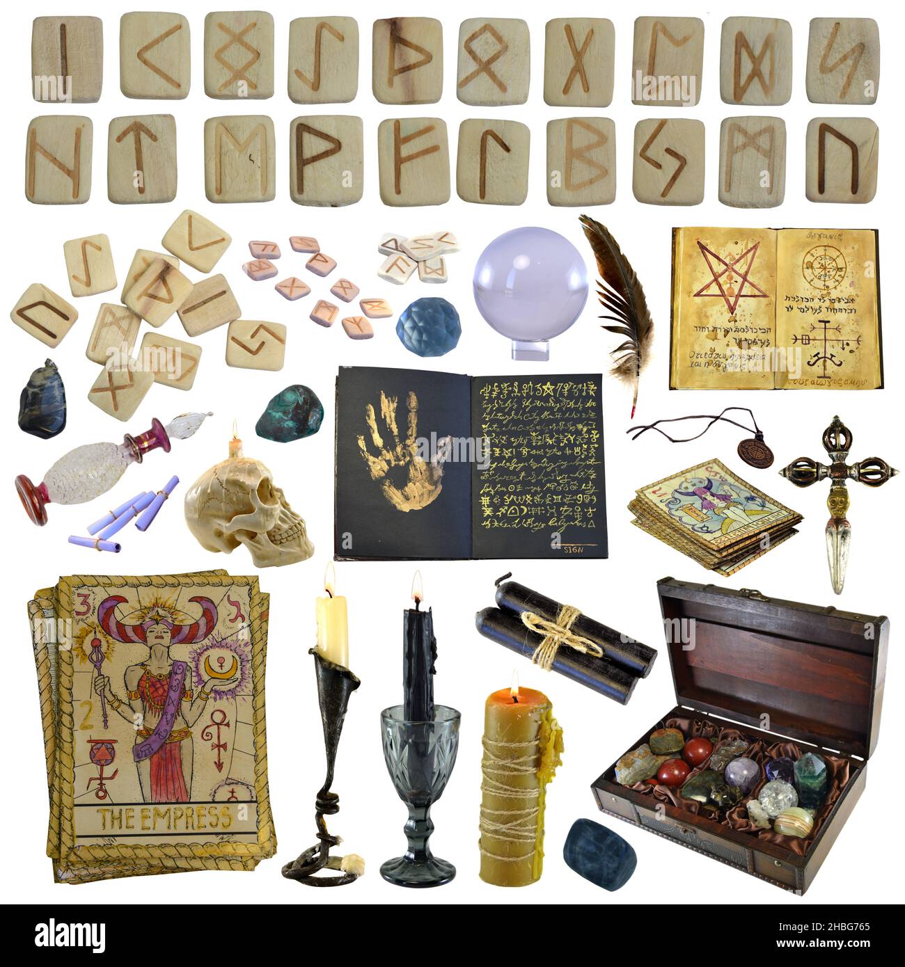 Design clip art set with runes, tarot cards and magic ritual objects ...