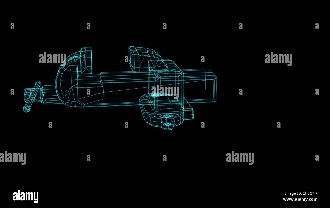 3d illustration - wire frame metal vice, bench tools close-up on black ...
