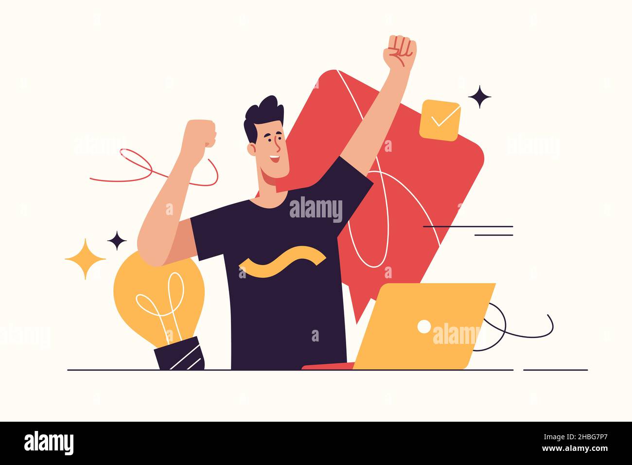 Vector illustration depicting a happy young man finding an effective ...