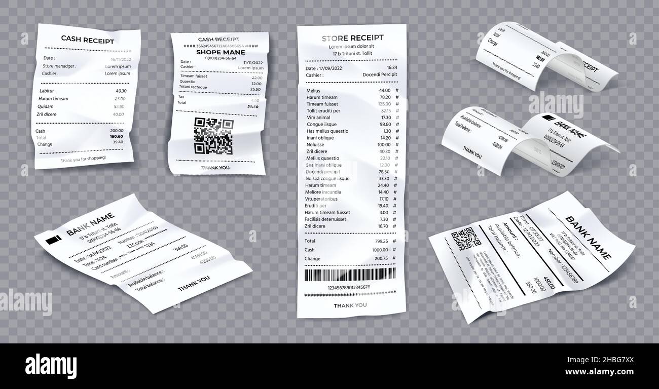 Realistic rolled, curved and crumpled bank and shop receipts. White paper payment bill ...