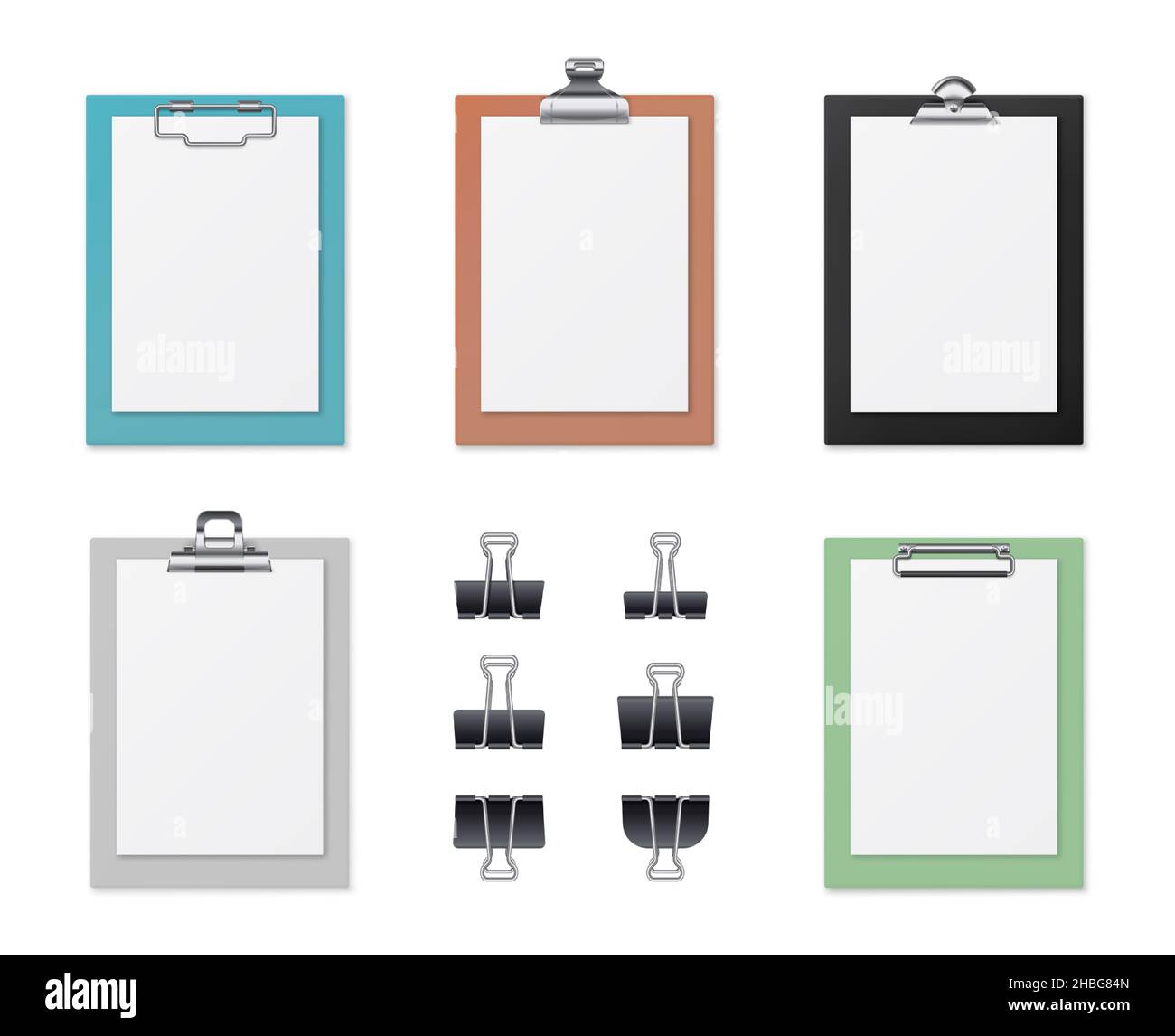 Realistic board tablets with blank white papers and clips. Clipboards ...