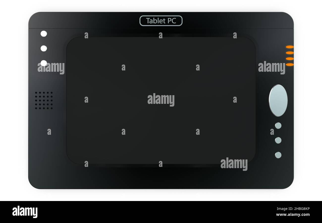 A digital illustration of a black retro-style tablet on a white ...