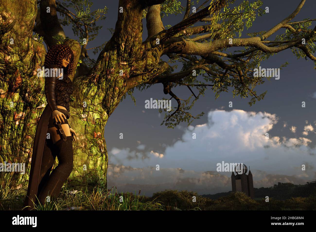 A 3d digital illustration of a young female standing alone in a ...