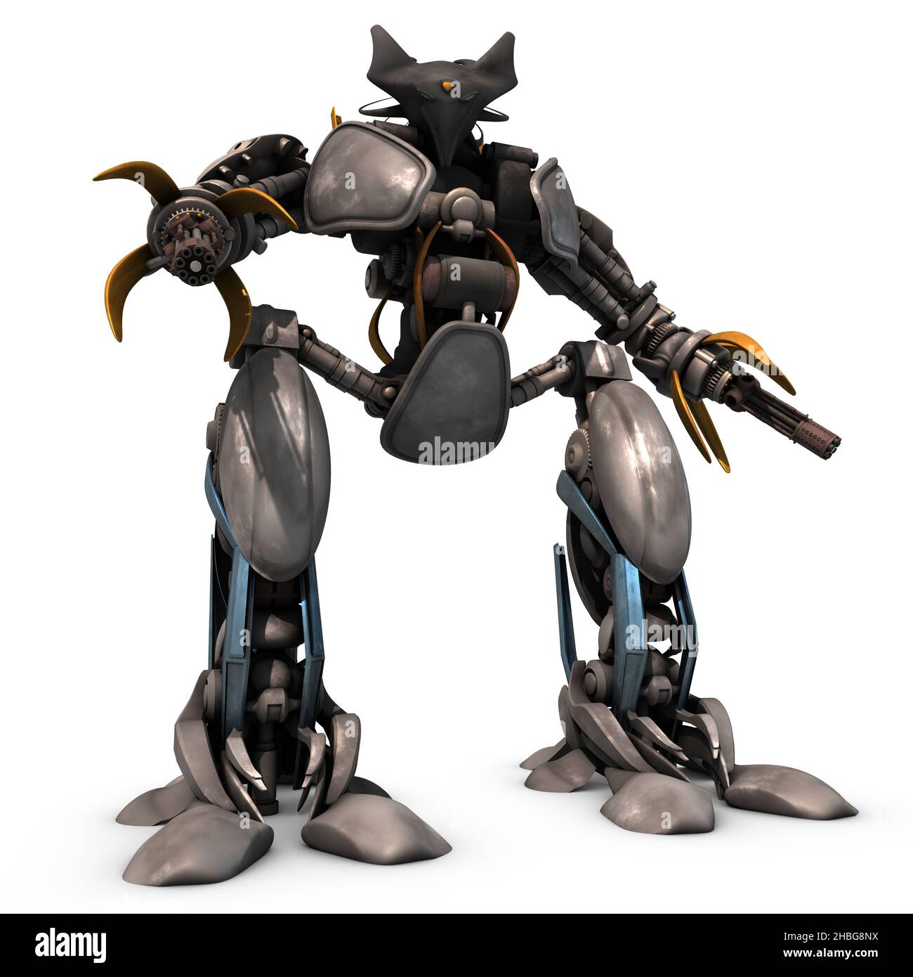 A 3d digital illustration of a cartoon style war robot on a white ...