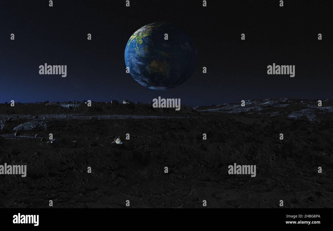 A digital illustration of night view of earth in the dark sky seen from ...