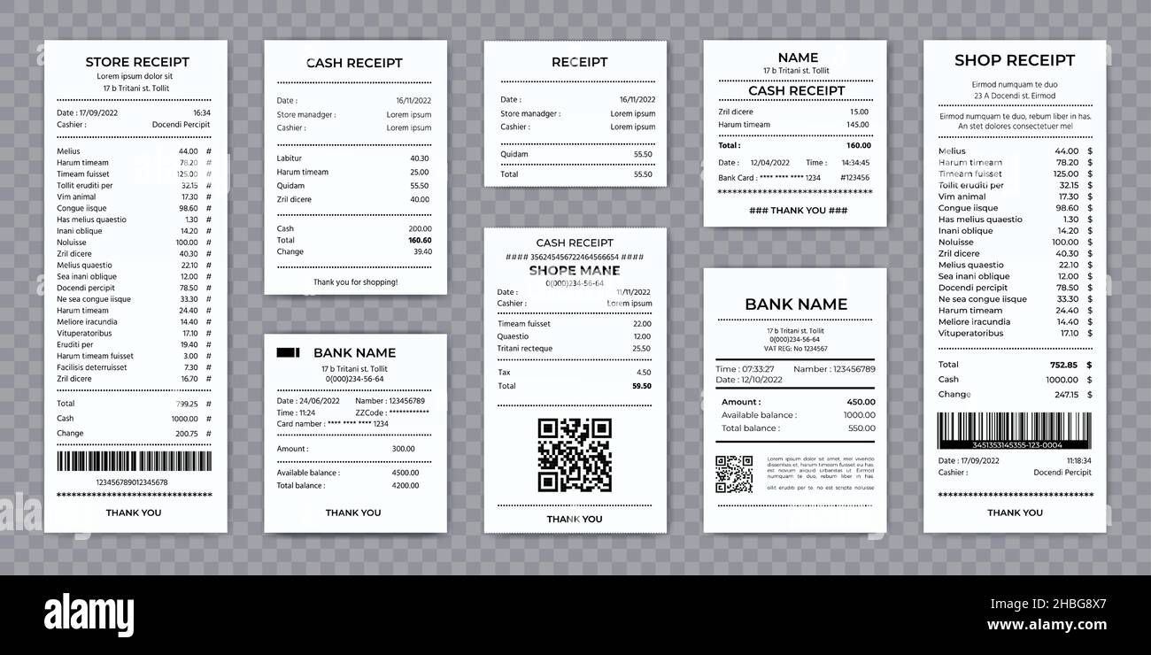 Realistic store, restaurant or bank paper cash receipt. Supermarket ... Realistic store, restaurant or bank paper cash receipt. Supermarket ...
